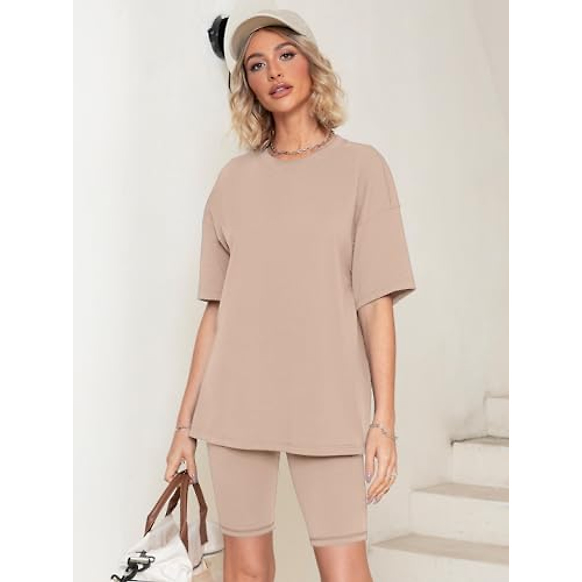 Glamaker Women 2 Piece Outfit sets Casual Oversized T-Shirt Tops Biker Shorts Workout Sport s Tracksuit Khaki Medium