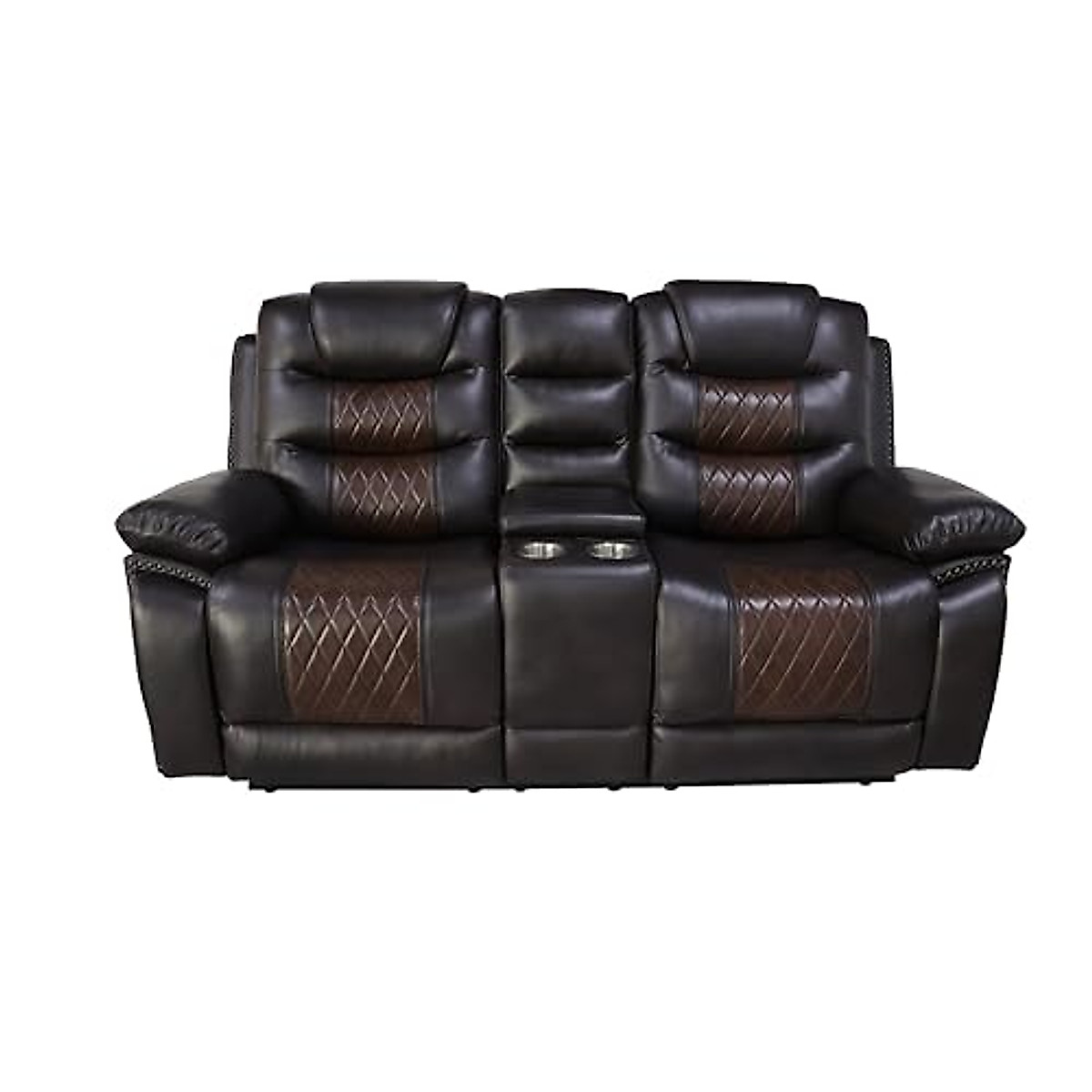 New Classic Furniture Nikko Faux Leather Manual Console Loveseat with Dual Recliners, Brown