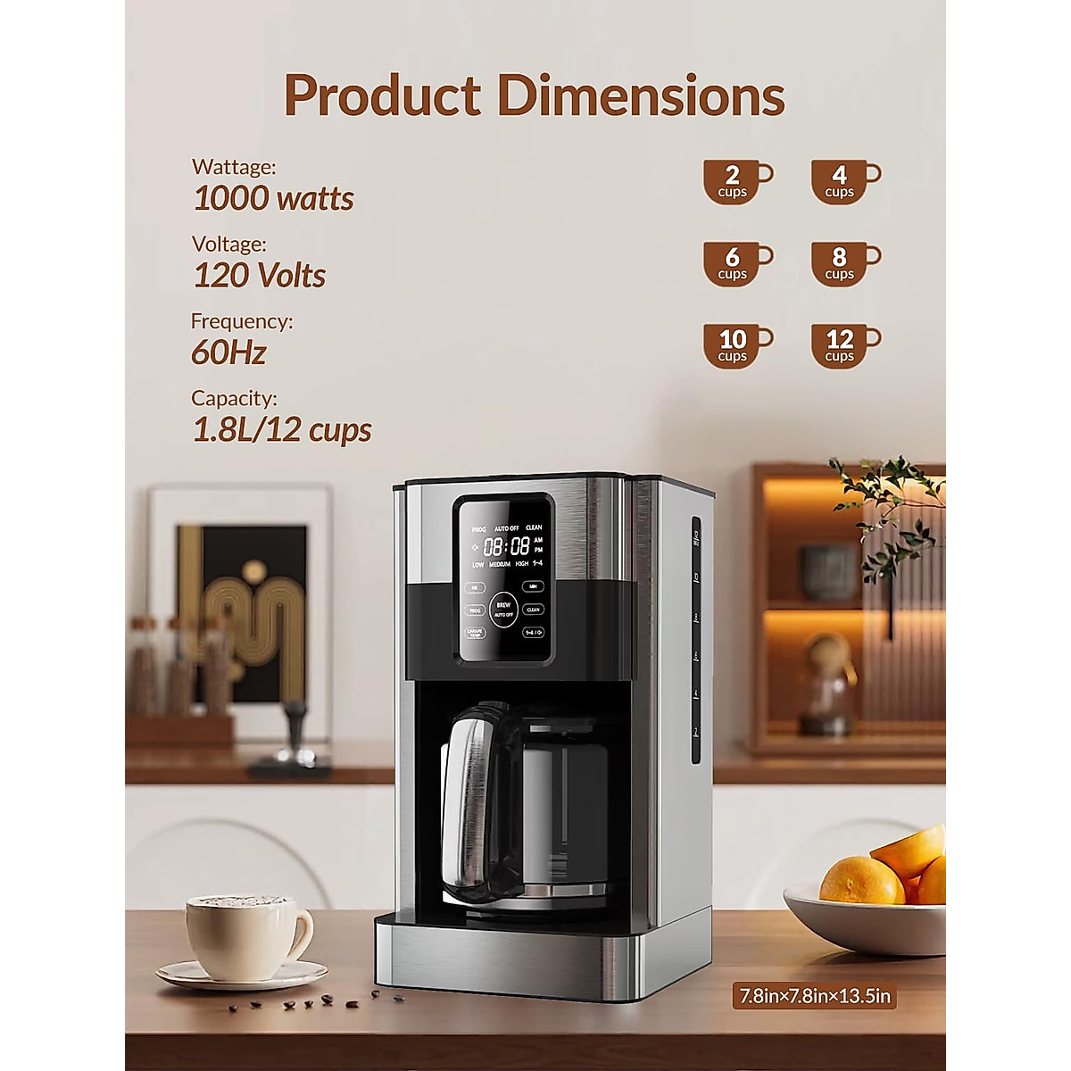 FETIONS Coffee Maker with Glass Carafe for Home Office, Programmable Stainless Steel Drip Coffee Machine with Timer Auto Shut-Off, LED Screen, 12-Cup Coffee Pot with Anti-Drip System, Reusable Filter