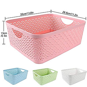 STARVAST 3 Pack Plastic Storage Baskets, Portable Pink Fish Scale Pattern Hollow Desktop Storage Bin Box with Handle for Kitchen, Bathroom, Kids Room or Nursery Storage – 13.8 x 11.2 x 5.1 inches