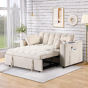 Merax 58" 4-1 Multi-Functional Velvet Sofa Bed with Cup Holder and USB Port for Living Room or Apartments Love Seats, Milky White