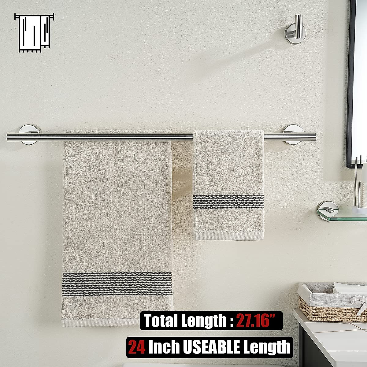 JQK Double Towel Bar, 24 Inch 304 Stainless Steel Thicken 0.8mm Bath Towel Rack for Bathroom, Towel Holder Brushed Wall Mount, Total Length 27.16 Inch, TB100L24-BN