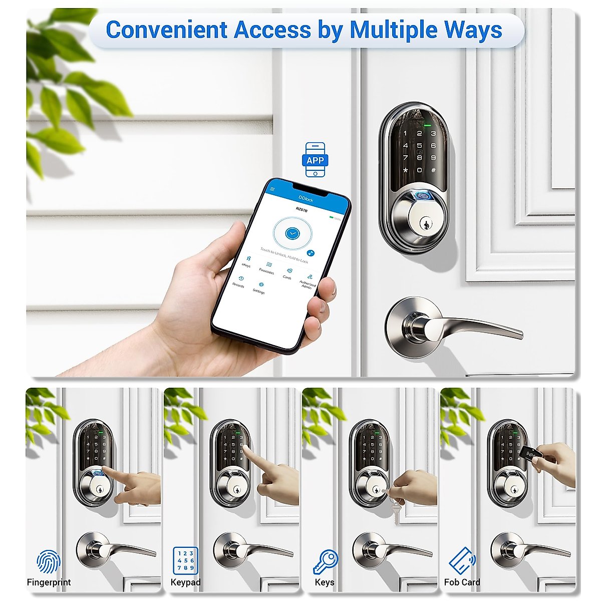 Veise Smart Locks for Front Door, 2 Lever Handles, Fingerprint Keyless Entry, App Control Biometric Door Lock Set, Electronic Digital Touchscreen Keypad Deadbolt, Easy Install, Auto Lock, Satin Nickel
