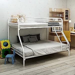 Heliosphere Heavy Duty Twin Over Full Size Bunk Bed with Safety Guard Rails & Inclined Ladder, Metal Bunk Bed with Under Bed Storage Space for Teens Adults, Noise Free/No Box Spring Needed (White)