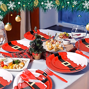 Bokon 96 Pcs Santa Belt Plates Christmas Party Supplies Disposable Party Dinnerware Set Christmas Napkins Knives Forks Spoons Christmas Party Decorations for Xmas Holiday Dinner Home Serves 24