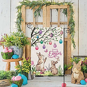 Happy Easter Bunny Garden Flag for Outdoor 12x18 Double Sided,Rabbit Egg Tree Small Yard Flag,Seasonal Decors for Spring Farmhouse Holiday Outside