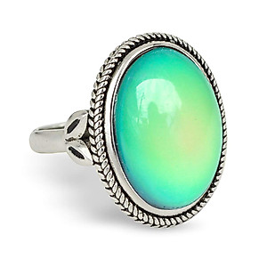 FUN JEWELS Vintage Style Antique Silver Plating Brass Oval Stone Color Change Mood Ring For Women Men Size Adjustable