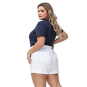 MCEDAR Linen Blend Shorts for Women Drawstring Elastic Waist Plus Size Beach Pants with Pockets White-AS