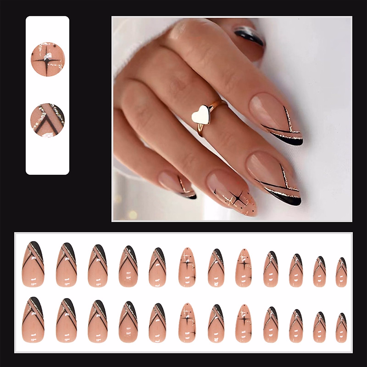 24 PCS French Tip Press on Nails Medium Almond Shape False Nails Gold Glitter Full Cover False Nails with Black Gold Line Star Design Artificial Fingernails for Women Girls Acrylic Manicure Decoration