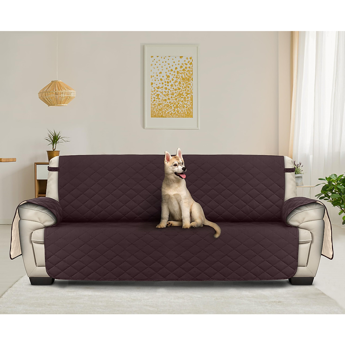 Utopia Bedding Reversible Oversized Couch Cover for 3 Cushion, Water Resistant Sofa Cover, Furniture Protector with Foam Sticks and Elastic Straps for Kids Dogs Pets (Oversized Sofa, Chocolate/Beige)