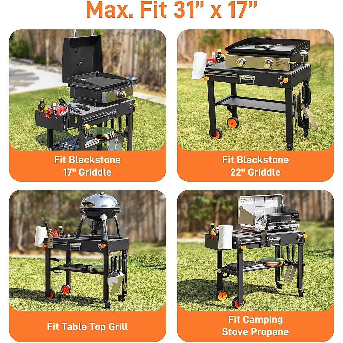 Outdoor Grill Table - Grill Cart Solid and Sturdy, Blackstone Griddle Stand for 17"/22" Griddle, Ninja Grill Stand Large Space, Pizza Oven Stand with Paper Towel Holder, for Tailgating, Camping, RV