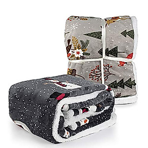 Christmas Throw Sherpa Blanket 50" x 60" Snow Man Pattern, Super Soft Fluffy Sherpa Throw TV Blanket Decorative Blanket for Bed Couch Holidays Grey