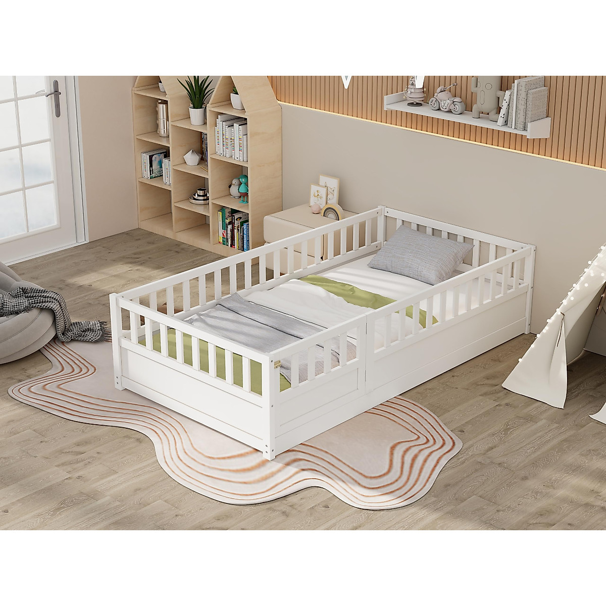 ECKF Twin Size Montessori Floor Bed with High Fence, Door and Slats, Wood Kids Bed Twin Size, Floor-Bed-Frame for Bedroom, Toddlers, Boys Girls, Kids Playroom (White, Twin)