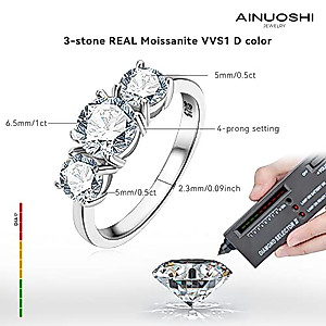 AINUOSHI 2-4CT Moissanite Engagement Ring, 3-stone Wedding Band for Women 925 Sterling Silver Round Cut Diamond Anniversary Promise Rings for Her Christmas Gift, Jewelry Box Packed With Certificate