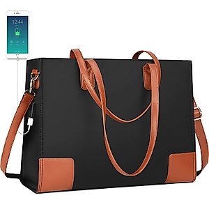 NUBILY Women's Large Black Tote Laptop Bag, 15.6 Inch USB Charging Port, Waterproof Nylon Shoulder Bag