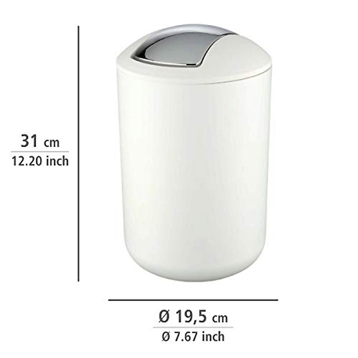 WENKO 21207100, Garbage Bin with Swing Lid, Bathroom Trash Can, Waste Basket for Small Spaces, Bedroom, Office, Guest Toilet,1.7 gal, White, 7.68 x 7.68 x 12.2 in, 19.5 x 19.5 x 31 cm