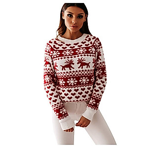 Christmas Sweater Funny Women 2023 Winter Christmas Sweater Crew Neck Long Sleeve Pullover Snowflake Striped Sweater Chunky Knit Jumper Tops Womens Sweater