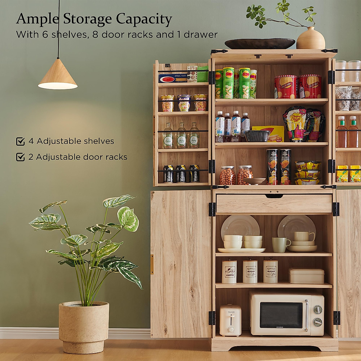 ACCOHOHO Fluted Pantry Cabinet, 72" Tall Modern Storage Cabinet with 4 Doors, Organizer, Drawer and Adjustable Shelves, Wood Cupboard for Kitchen, Dining Room, Living Room and Bathroom, Natural Oak