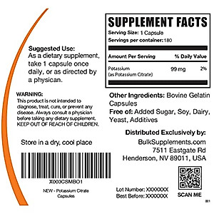 BulkSupplements.com Potassium Citrate Capsules - Potassium Supplement, Potassium Citrate 99mg - Potassium Citrate Supplement, Potassium Pills - 1 Capsule per Serving, 180-Day Supply, 180 Capsules