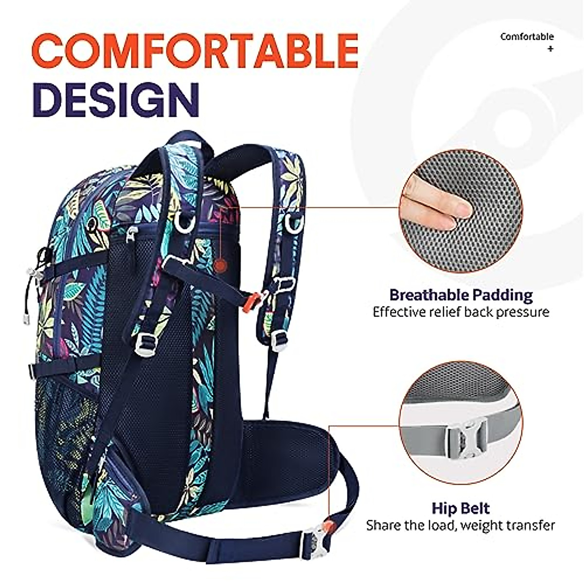 SAVVY NOMAD 40L Hiking Travel Packable Lightweight Camping Backpack Daypack with Removable Belt Bag for Women Men-Purple Leaf