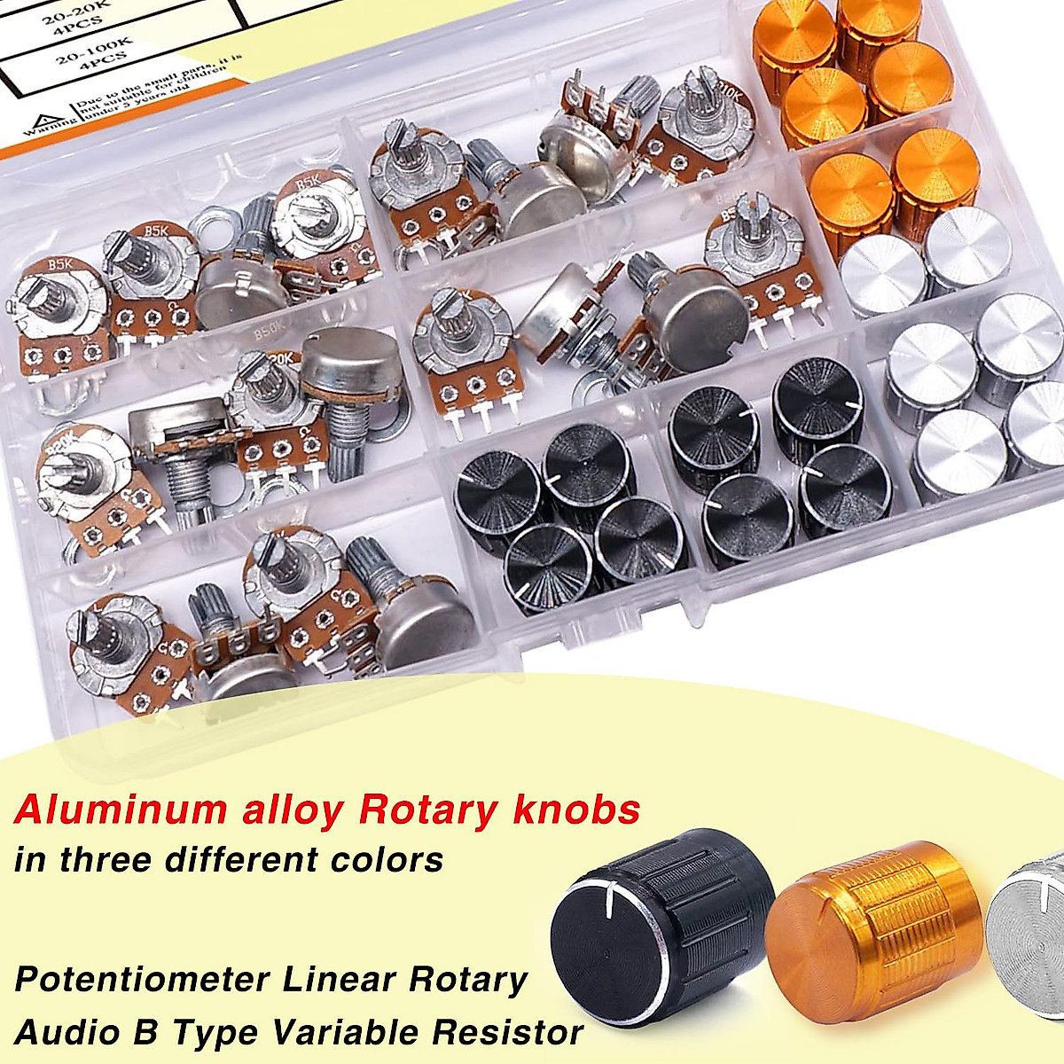 Taiss 80PCS Potentiometer Kit,WH148 B5K 10K 20K 50K 100K Ohm Single Linear Taper Rotary Audio B Type Potentiometers with Rotary knobs and Nuts, Washers