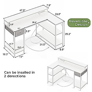 SUPERJARE L Shaped Gaming Desk with LED Lights & Power Outlets, Reversible Computer Desk and Nightstands Set of 2 with Charging Station & LED Light Strips, White