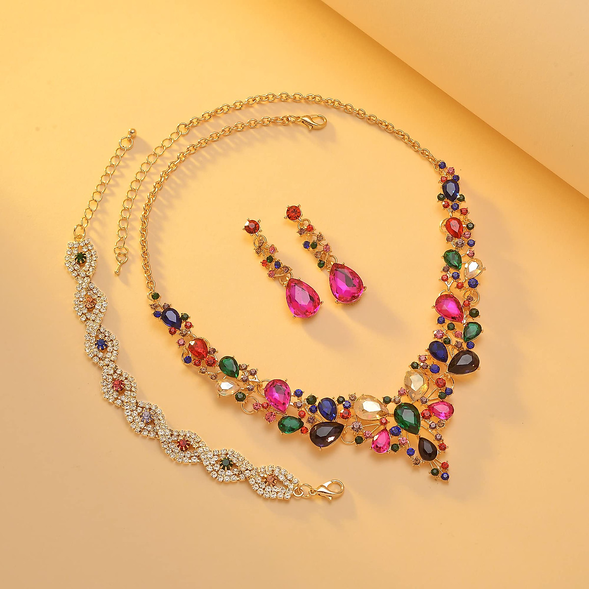 3 Pieces Women Jewelry Set Rhinestone Crystal Bride Statement Necklace Link Bangle Bracelet Teardrop Dangle Earrings Set for Women