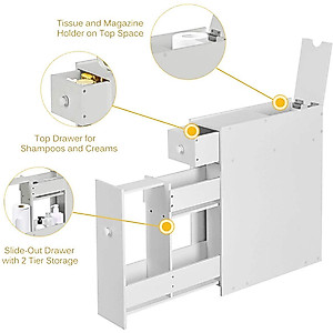 FANTASK Bathroom Cabinet Toilet Narrow Floor Organizer, Slim Floor Storage Cabinet with Toilet Tissue MagazineFANTASK Shelf Holder&2 Slide Out Drawers for Home Bathroom Living Room, White