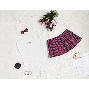 Avidlove Roleplay Lingerie for Women Schoolgirl Outfits Sexy Student Halter Lace Fishnet Bodysuit and Mini Skirt Sets Pink