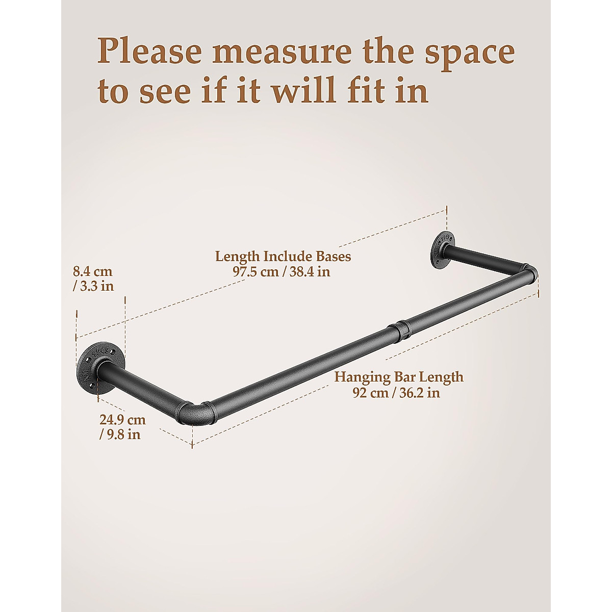 Bodato Industrial Clothing Rack 38.4'' for Wall 2 Pack, Heavy Duty Pipe Clothes Rack Wall Mounted for Hanging Clothes Garment, Closet Rod Hanging Bar for Walk-in Closet