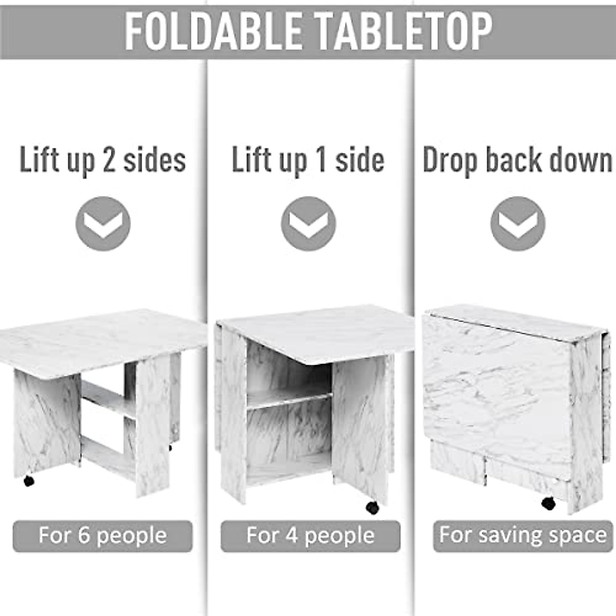 DINAZA Folding Dining Table Drop Leaf Table for Small Spaces with Storage Racks Multifunction Space Saving Table Extension Dinner Table for Kitchen Bedroom Dining Room White Marble