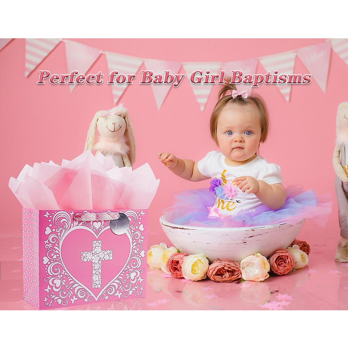 JWSCYSY 12.6" Large Pink Gift Bag with Metallic Silver Floral Cross Design, Card and Tissue Paper for Baby Girl Baptisms, Christenings, First Communions Religious