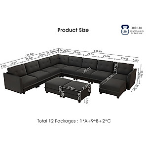 LLappuil Modular Sectional Sofa with Storage Oversized U Shaped Couch with Reversible Chaise Velvet Waterproof Anti-Scratch Sofas for Living Room 10 Seats with Ottoman Grey Brown