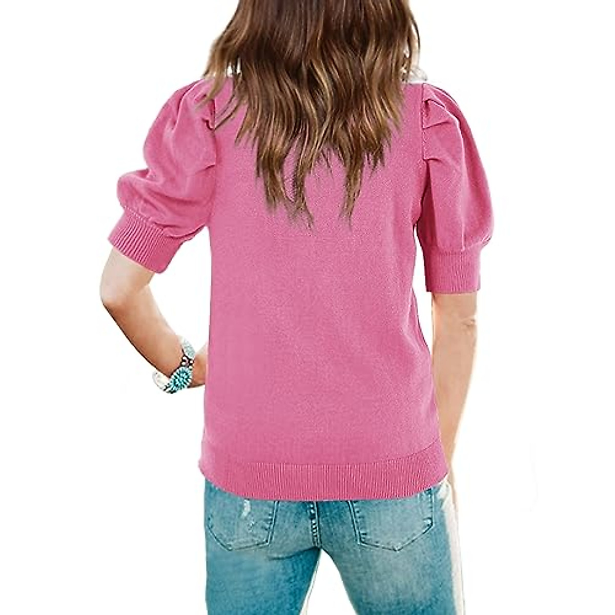 Girls Puff Short Sleeve Sweater Tops for Teen Girls Crew Neck Blouse Crochet Knit Soft Pullover Shirt 13-18 Years