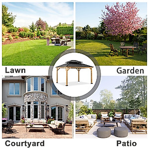 CoastShade 13x15 ft. Outdoor Wood Gazebo, Cedar Framed Patio Gazebo with 2-Tier Brown Steel Hardtop Roof for Patio,Garden,Backyard,Lawn and Deck