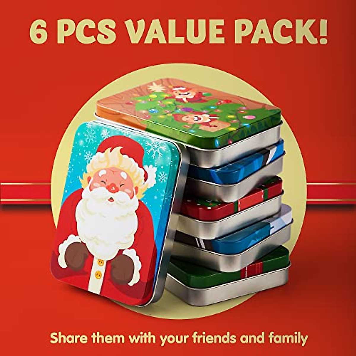 JOYIN 6 Christmas Gift Card Holder Tin Boxes 4.7” x 3.5” x 0.9” Christmas Tins Holders for Christmas Holiday Décor, Xmas Party Favor Box