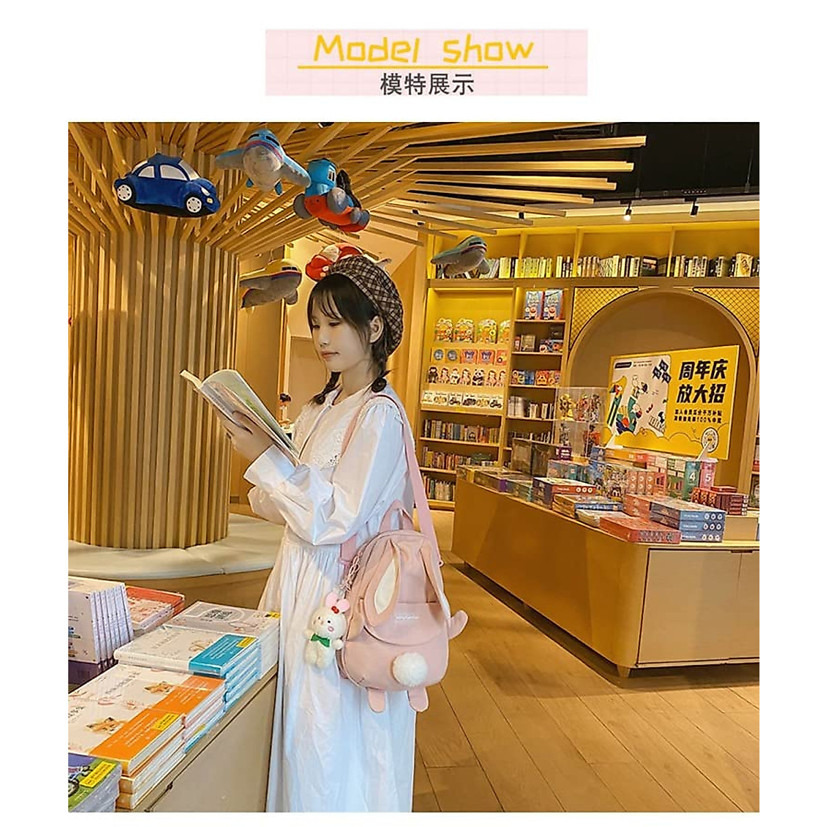 Hipi-shop Backpack for Women Kawaii Long-eared rabbit Backpack Fashion Preppy Style shoulder bag handbag crossbody bag (Pink)