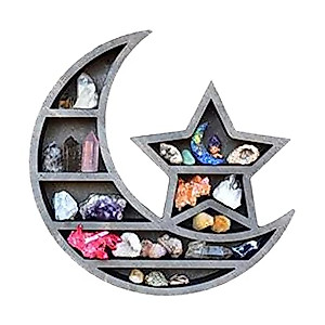 Wooden Crystal Display Shelf, Star On The Moon Shape Crystal Holder for Crystals Stones, Essential Oils Small Plant and Art, Hanging Floating Shelves Gothic Witchy Decor Wall Décor for Home, Office