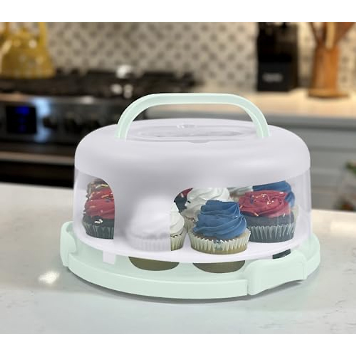 Kivi Cake Carrier with Lid and Handle – Practical Cake Holder with Lid and Sturdy Clamps – Multipurpose Cake Container 10 Inch - Cupcake Carrier fits 11 Cupcakes - Dishwasher Safe