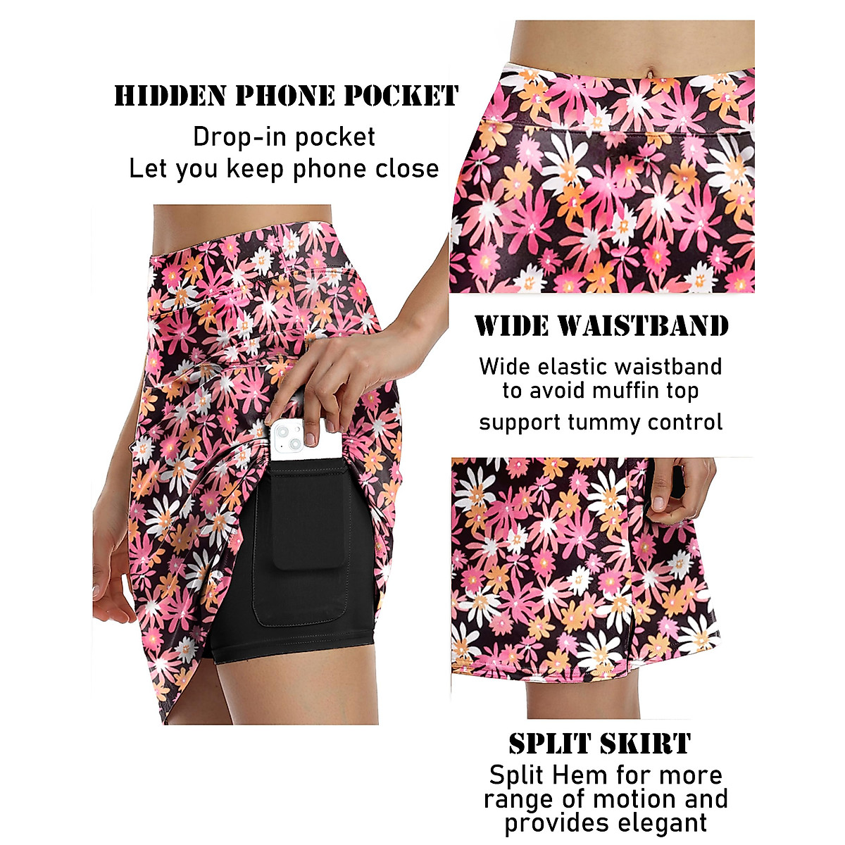 COOrun Women's 20" Knee Length Skorts Skirts Print Athletic Tennis Golf Skirt for Women Casual Summer Skirts,Black Pink Medium