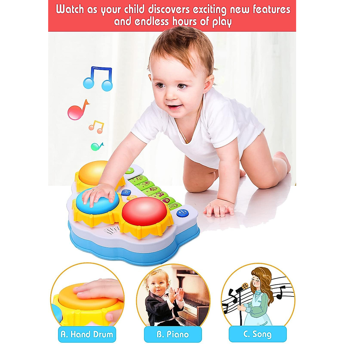 KingsDragon Baby Musical Keyboard Piano Drum Set,Learning Light up Toy, Early Educamional Montessori Toys for Babies Toddler Boys Girls Birthday