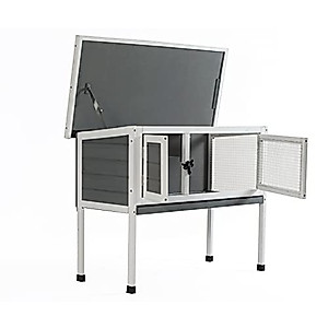 EMKK Wooden Rabbit Hutches Pet House Small Bunny Wood Hutch Dog Chicken Coops Cages Cage with No Leak Tray Lockable Door Openable Top for Indoor Outdoor,Grey, 46''L X 17.7''D X 27.6''H