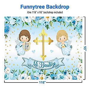 Funnytree 118" x 95" Mi Bautizo Backdrop God Bless First Holy Communion Baptism Christening Boy Party Supplies Baby Shower Angel Flower Background Banner Decor Favors Photobooth Props Gifts Fabric