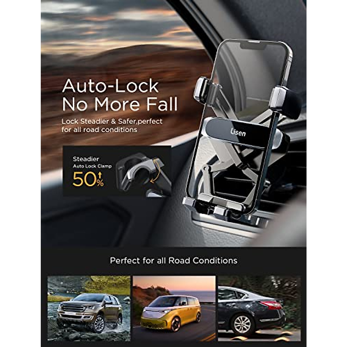 LISEN Car Vent Phone Mount for Car Phone Holder Upgraded Metal Hook Clip Air Vent Cell Phone Holder Mount Auto Lock Thick & Big Phone Friendly Car Mount for iPhone 14 Pr Max all 4-7.5 inch Smartphone