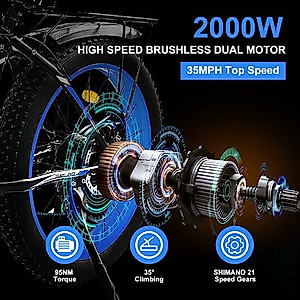 Geartist (US in Stock) Smlro XDC600 Plus Electric Bicycle 2000W Dual Motor 35MPH Ebike 48V 22.4Ah Mountain Snow E Bike 26" Fat Tire 21 Speed MTB for Trail Riding Excursion Commute (Black Blue)