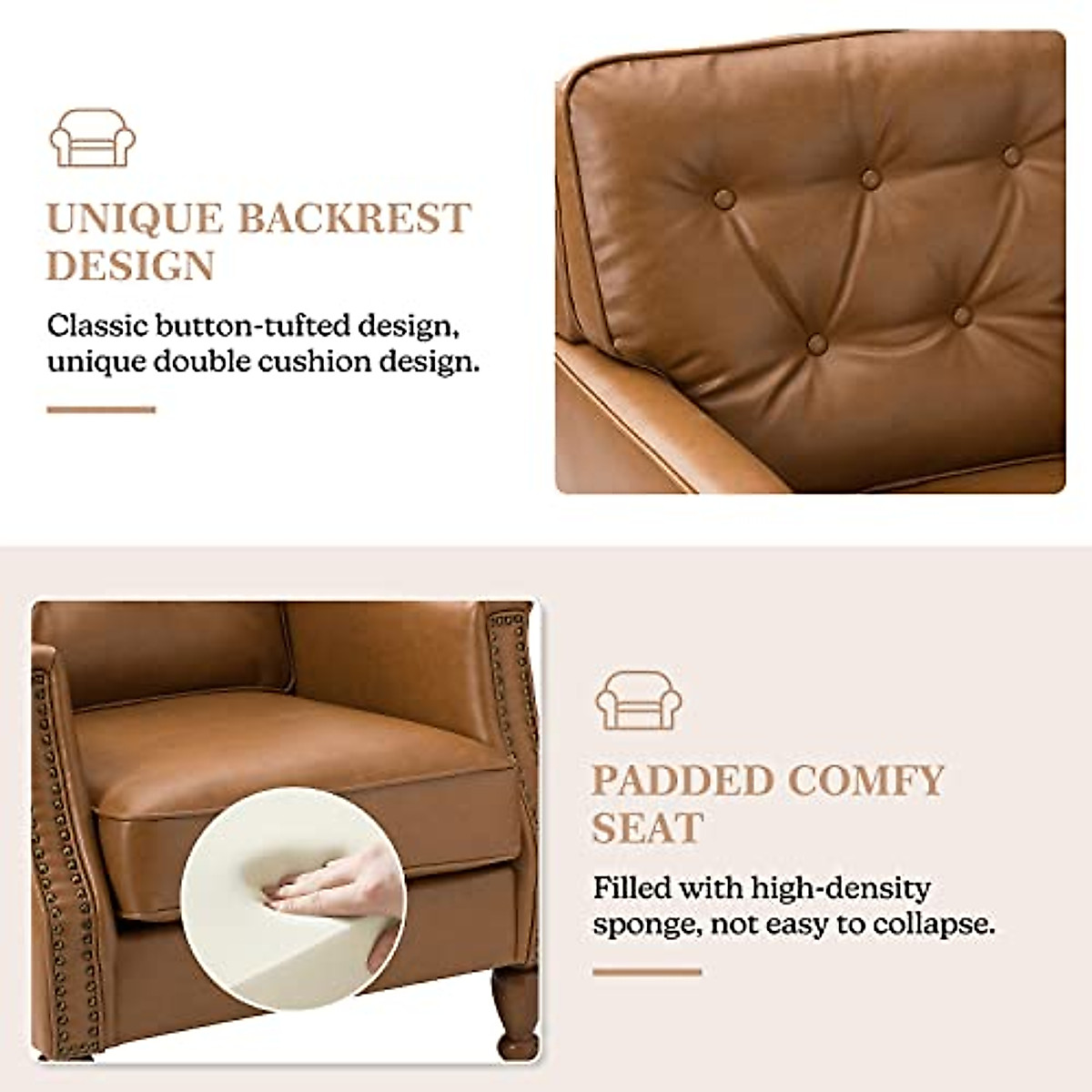 HULALA HOME Faux Leather Accent Chair Set of 2 with Nailhead Trim, Button Tufted Comfy Upholstered Armchair with Removable Cushion, Traditional Single Sofa Chair for Living Room Bedroom Office, Camel