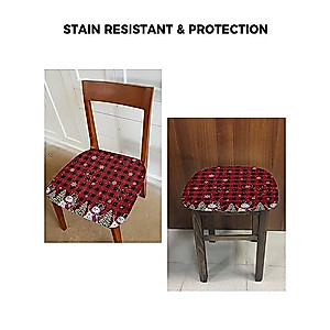 Christmas Seat Covers for Dining Room Chairs,Snowman Xmas Tree Red Black Buffalo Plaid Fitted Stretch Jacquard Chair Seat Covers,Removable Washable Kitchen Dining Chair Slipcovers Protector Set of 4