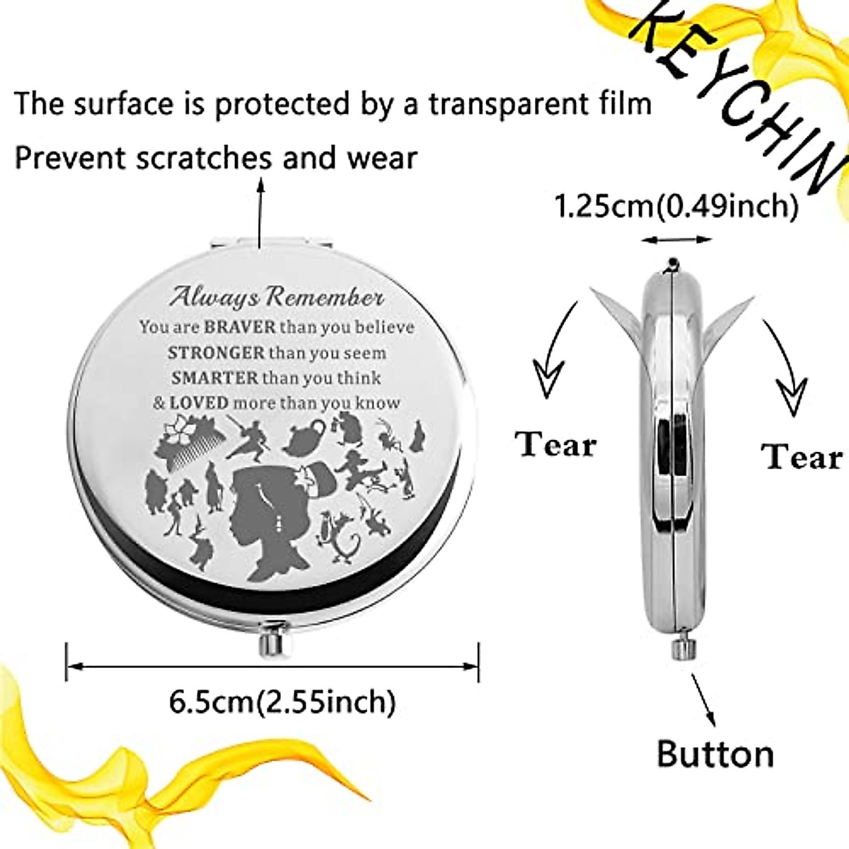 KEYCHIN Mu LAN Pocket Mirror Mu LAN and Mushu Fans Gifts Remember You are Braver Stronger Smarter Than You Think Compact Makeup Mirror for Women Girls Teenagers (Mu LAN Mirror-S)