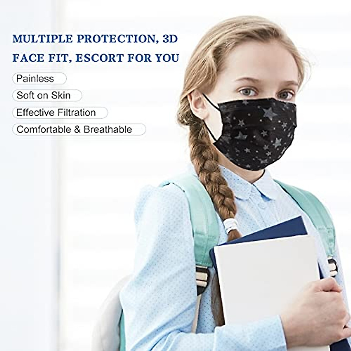 SOOQOO 50 Pack Disposable Printed Face Mask, 3 Ply Mask with Elastic Ear Loop,Individually Packaged