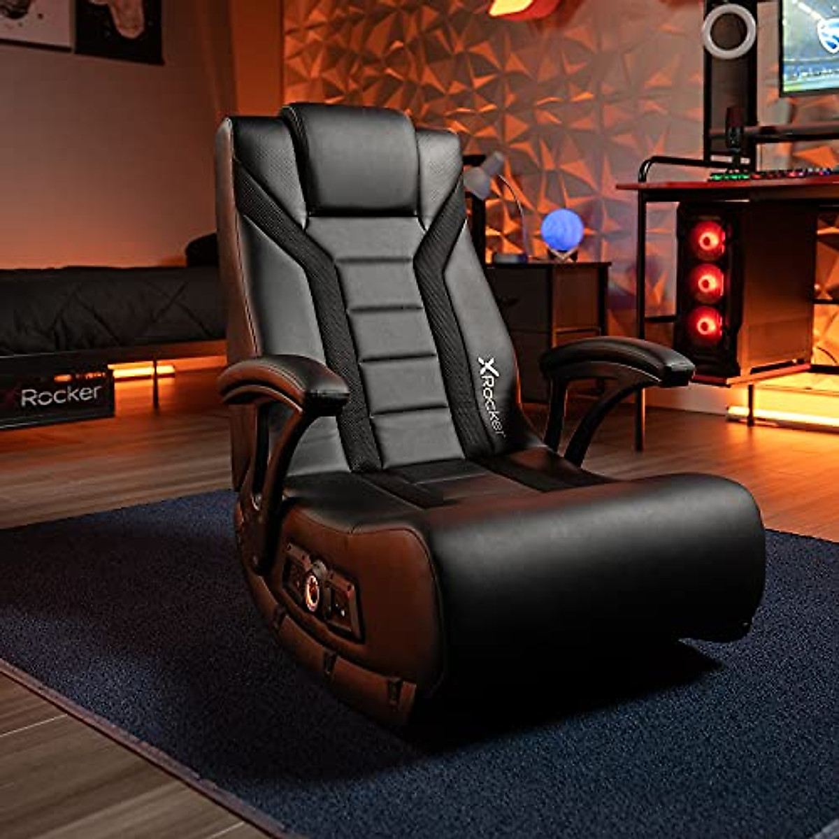 X Rocker Jynx Floor Gaming Chair, Headrest Mounted Speakers, 2.1 Bluetooth Audio System, Wireless, Recliner with Padded Armrest, 5111601, 37.01" x 22.83" x 34.65", Black